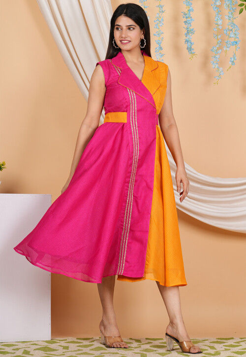 Buy Lace Embellished Kota Doria Aline Dress in Fuchsia and Orange ...