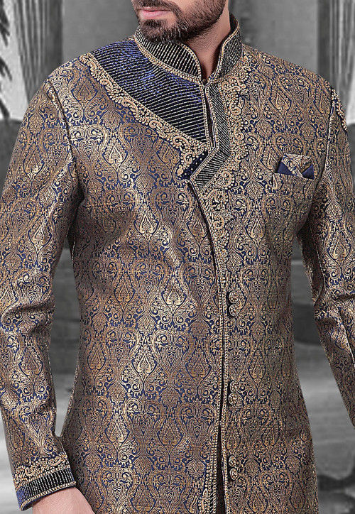 Buy Woven Brocade Sherwani in Blue Online : MHG739 - Utsav Fashion