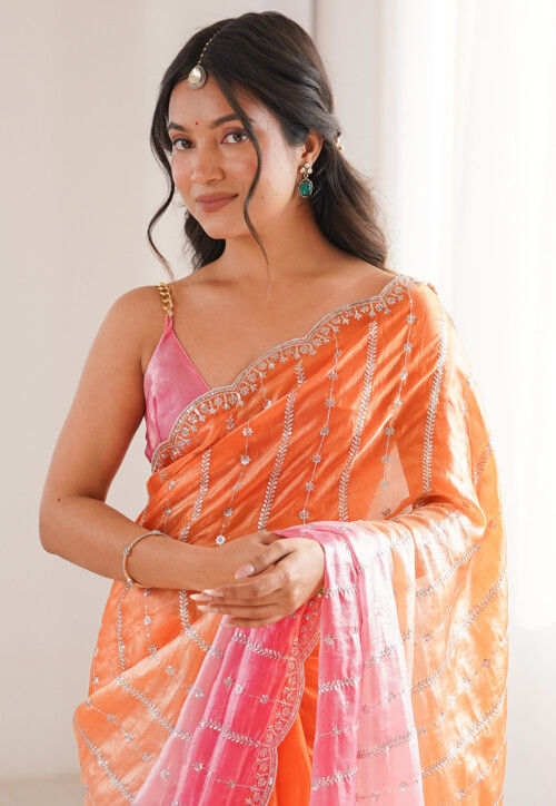 Buy Ombre Satin Scalloped Saree in Shaded Orange and Pink Online ...