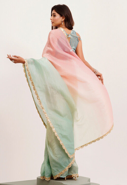 Buy Ombre Tissue Saree in Shaded Pink and Pastel Green Online ...