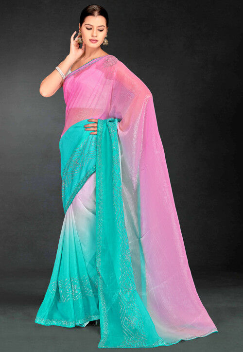 Buy Ombre Tissue Silk Saree in Shaded Pink and Turquoise Online ...