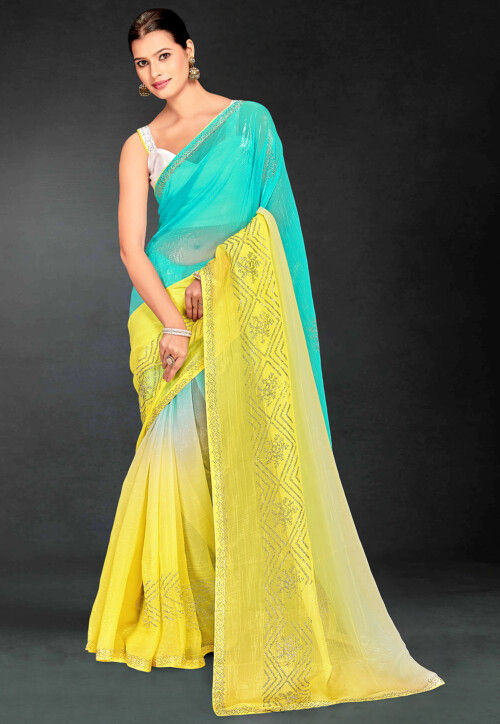 Buy Ombre Tissue Silk Saree in Shaded Turquoise and Yellow Online ...