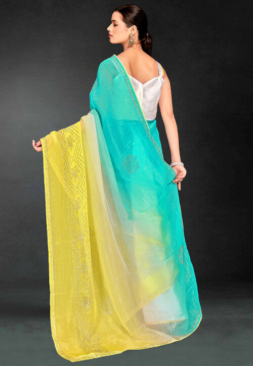 Buy Ombre Tissue Silk Saree in Shaded Turquoise and Yellow Online ...