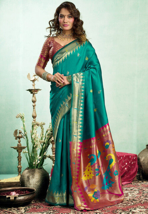 Buy Paithani Saree in Teal Green Online : SEJ2388 - Utsav Fashion
