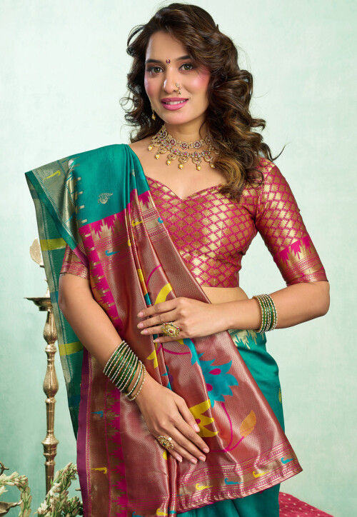 Buy Paithani Saree in Teal Green Online : SEJ2388 - Utsav Fashion