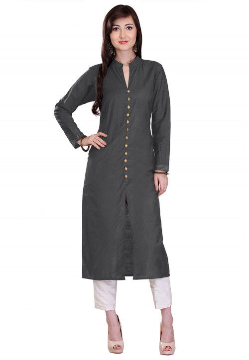 Buy Plain Cotton Silk Front Slit Kurta Set in Grey Online : TBQ187 ...