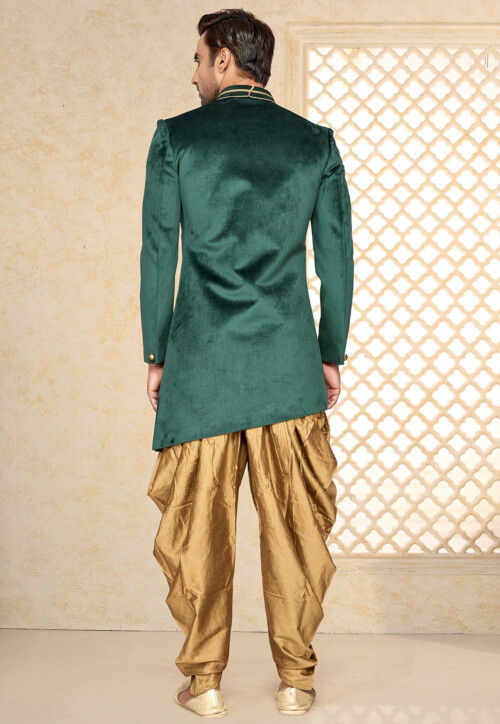 Buy Plain Velvet Asymmetric Sherwani in Dark Teal Green Online : MUF825 ...