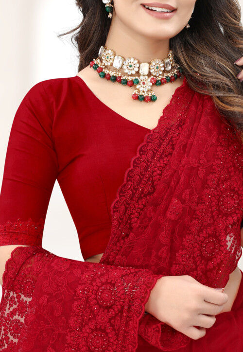 Buy Pre Stitched Net Scalloped Saree in Maroon Online : SUF10662 ...