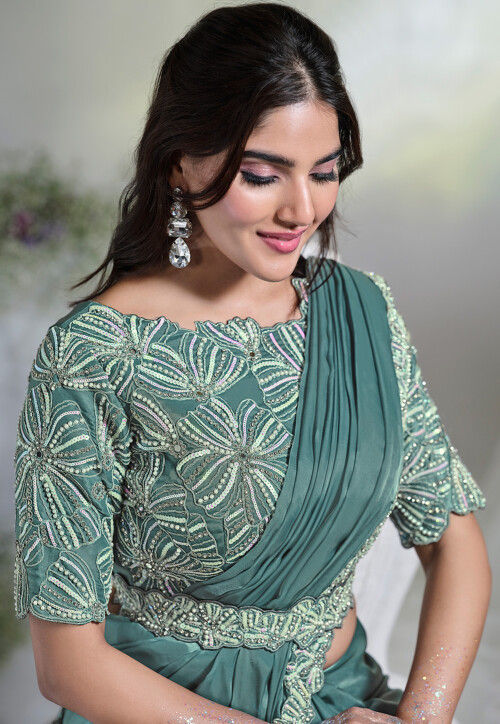 Buy Pre Stitched Satin Crepe Saree in Sea Green Online : SBHA3470 ...
