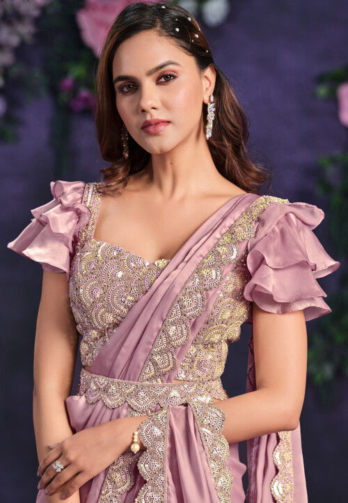 Buy Pre Stitched Satin Silk Scalloped Sari in Pink Online : SBHA3111 ...