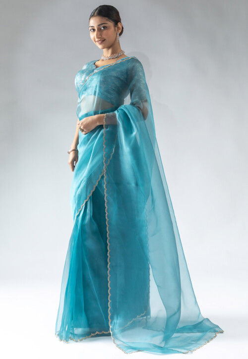 Buy Pre Stitched Tissue Silk Saree in Light Blue Online : SCBA6097 ...