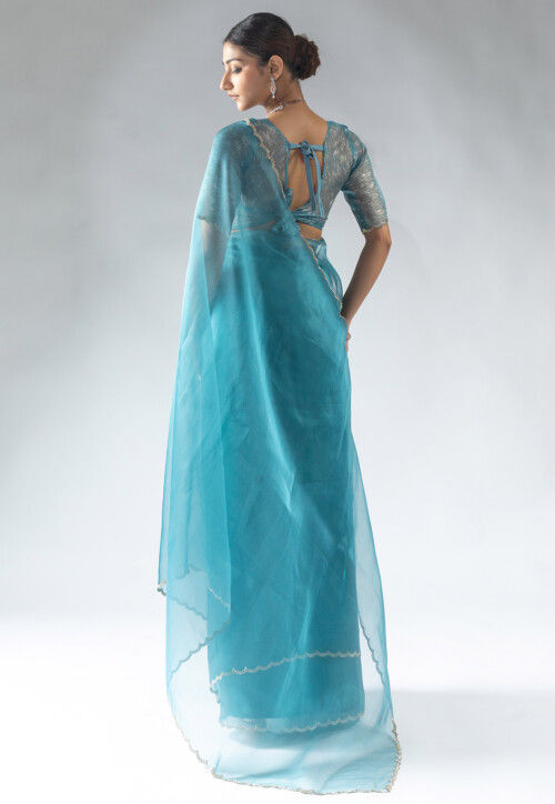 Buy Pre Stitched Tissue Silk Saree in Light Blue Online : SCBA6097 ...