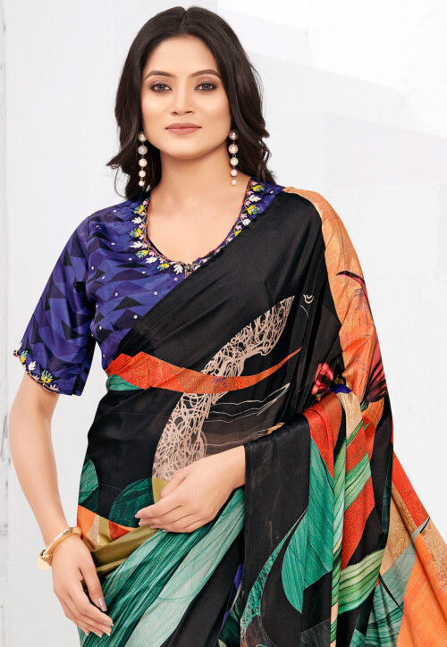 Buy Pre-stitched Crepe Saree in Black Online : SCEA325 - Utsav Fashion