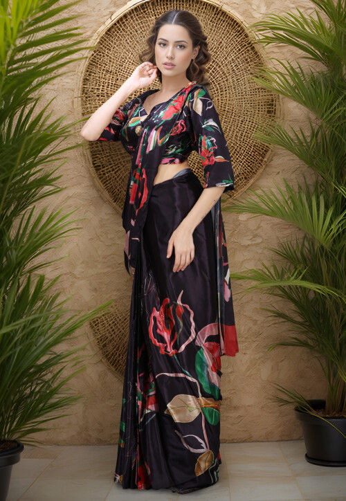 Buy Pre-stitched Crepe Saree in Black Online : STN2340 - Utsav Fashion