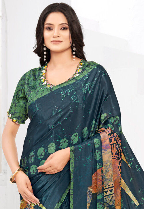 Buy Pre-stitched Crepe Saree in Blue Online : SCEA324 - Utsav Fashion