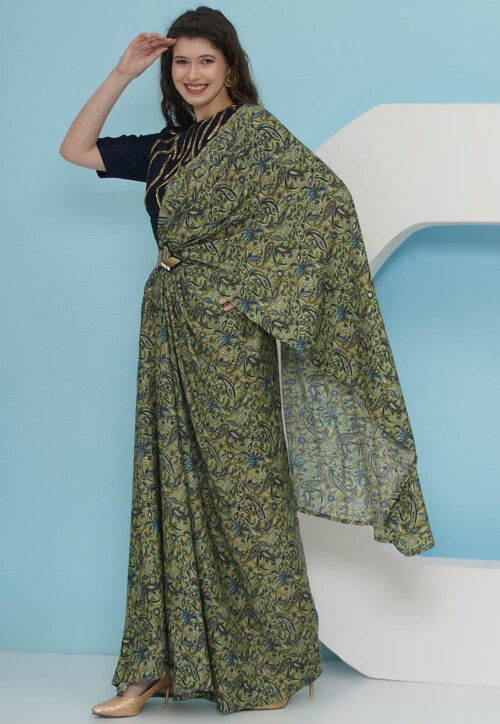 Buy Pre-stitched Crepe Saree in Green Online : SEJ483 - Utsav Fashion