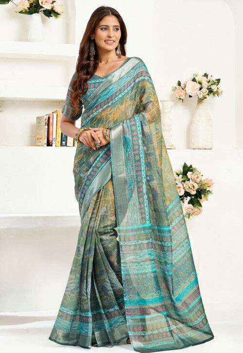 Buy Pre-stitched Linen Saree in Dusty Green Online : SEJ1649 - Utsav ...