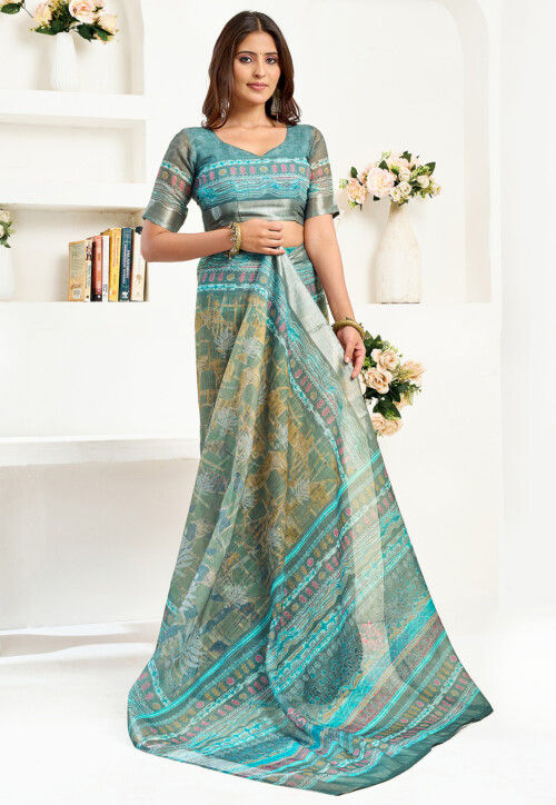 Buy Pre-stitched Linen Saree in Dusty Green Online : SEJ1649 - Utsav ...