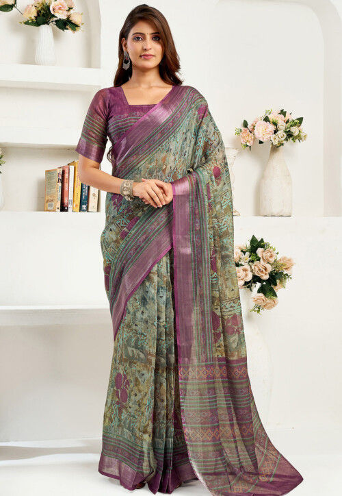 Buy Pre-stitched Linen Saree in Dusty Green Online : SEJ1652 - Utsav ...