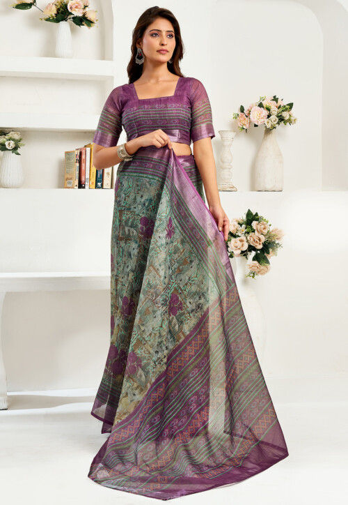 Buy Pre-stitched Linen Saree in Dusty Green Online : SEJ1652 - Utsav ...