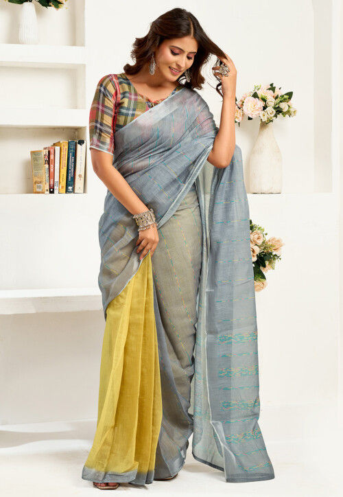 Buy Pre-stitched Linen Saree in Grey and Yellow Online : SEJ1661 ...