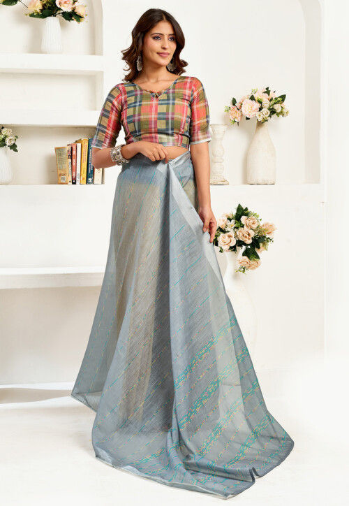 Buy Pre-stitched Linen Saree in Grey and Yellow Online : SEJ1661 ...