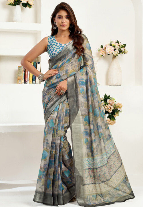 Buy Pre-stitched Linen Saree in Multicolor Online : SEJ1650 - Utsav Fashion