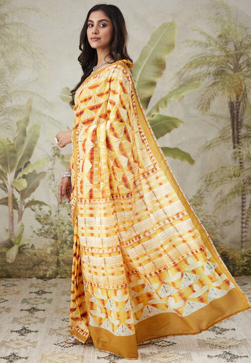 Buy Pre-stitched Muslin Silk Saree in Yellow Online : SPF15437 - Utsav ...