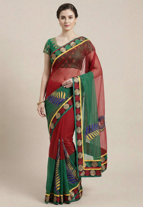 Buy Pre-stitched Net Saree in Red and Green Online : SJN7673 - Utsav ...