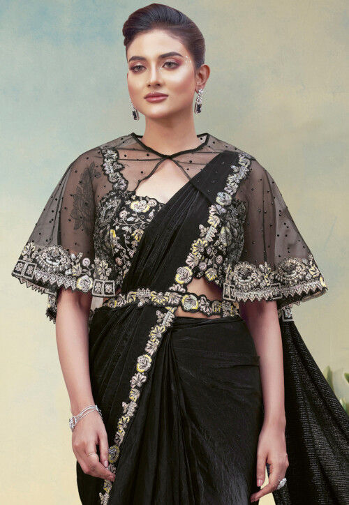 Buy Pre-stitched Saree Satin Silk Scalloped Saree in Black Online ...