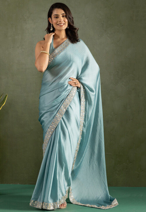 Buy Pre-stitched Satin Chiffon Scalloped Saree in Light Blue Online ...