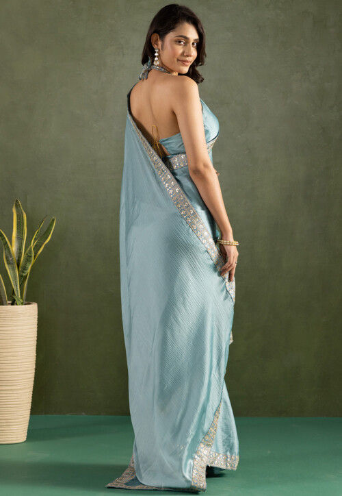 Buy Pre-stitched Satin Chiffon Scalloped Saree in Light Blue Online ...