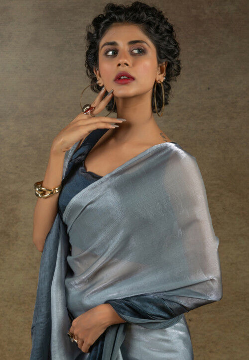 Buy Pre-stitched Satin Chiffon Shimmer Saree in Shaded Grey and Blue ...