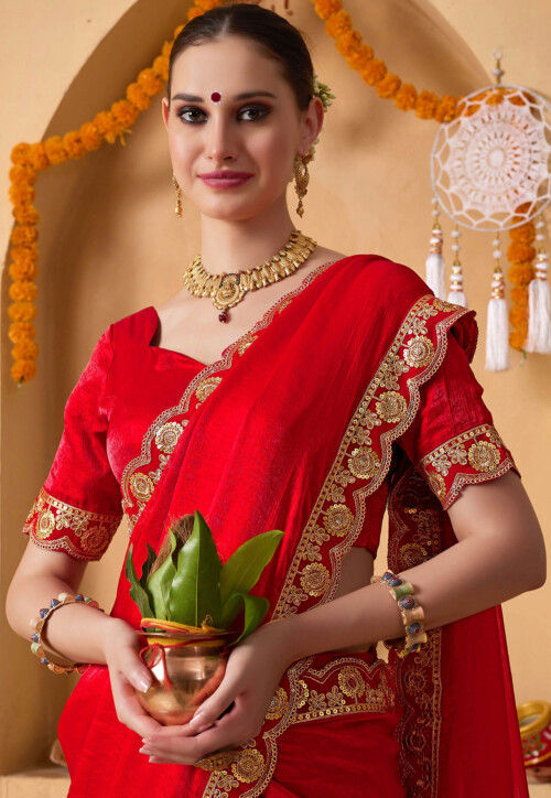 Buy Pre-stitched Tissue Silk Saree in Red Online : SKGA3184 - Utsav Fashion