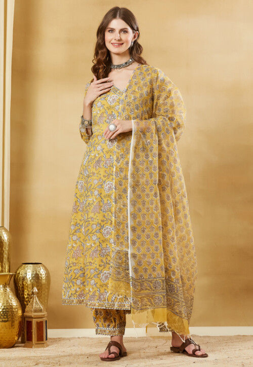Buy Printed Angrakha Style Pure Cotton A Line Suit in Mustard Online ...