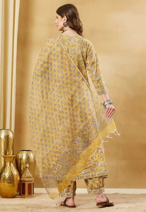 Buy Printed Angrakha Style Pure Cotton A Line Suit in Mustard Online ...