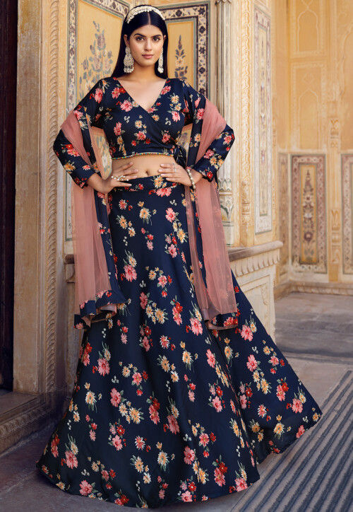 Buy Printed Art Silk Lehenga in Navy Blue Online : LRB214 - Utsav Fashion