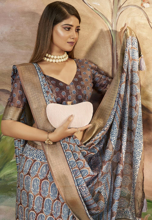 Buy Printed Art Silk Saree in Brown Online : SEW15324 - Utsav Fashion