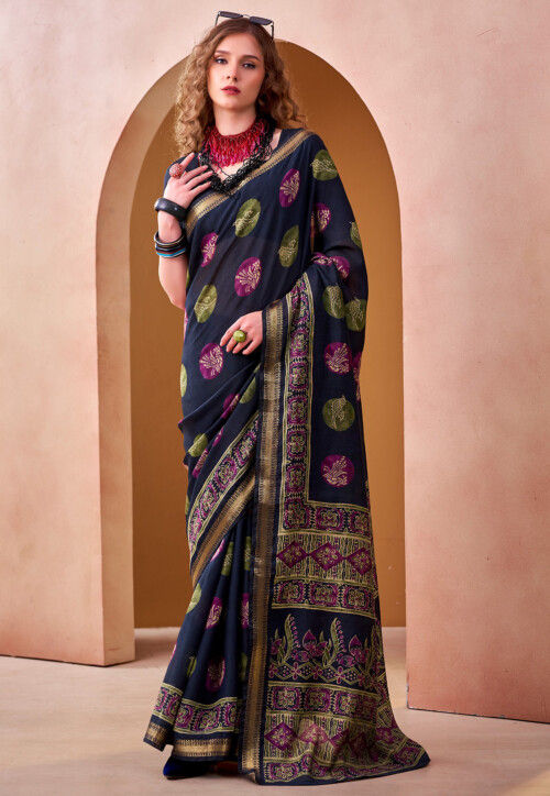 Buy Printed Chanderi Silk Saree in Navy Blue Online : SPF18605 - Utsav ...