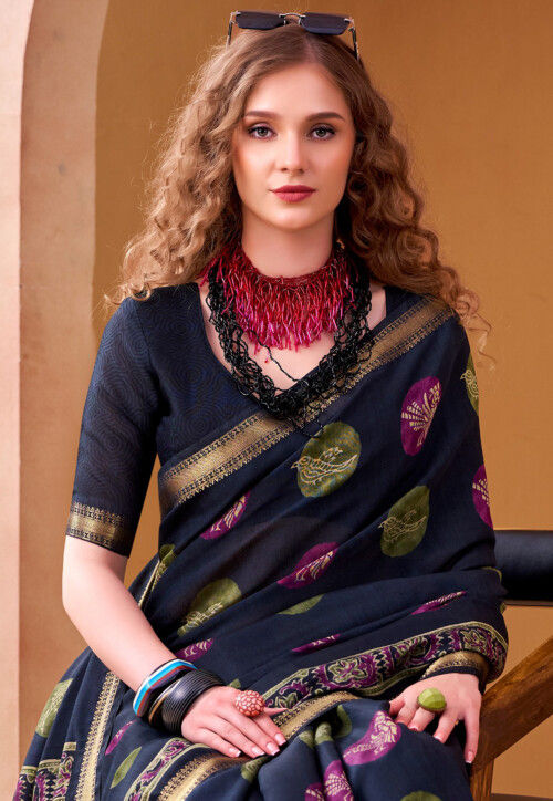 Buy Printed Chanderi Silk Saree in Navy Blue Online : SPF18605 - Utsav ...