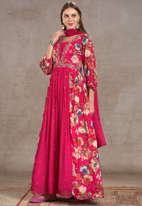 Buy Printed Chinon Silk Abaya Style Suit in Fuchsia Online : KPH64 ...