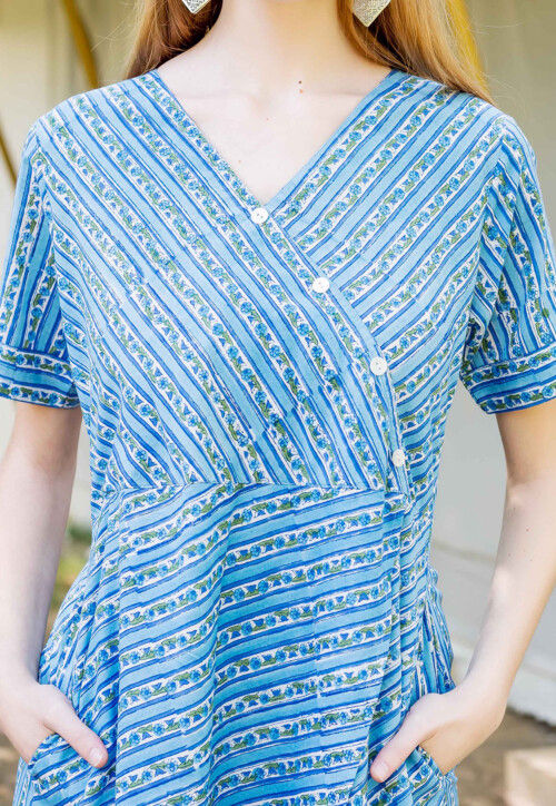 Buy Printed Cotton A Line Dress in Blue Online : TQM682 - Utsav Fashion