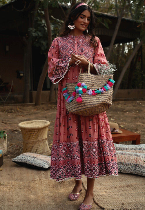 Buy Printed Cotton Aline Dress in Peach Online : THU1933 - Utsav Fashion
