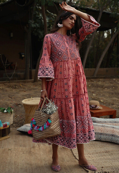 Buy Printed Cotton Aline Dress in Peach Online : THU1933 - Utsav Fashion
