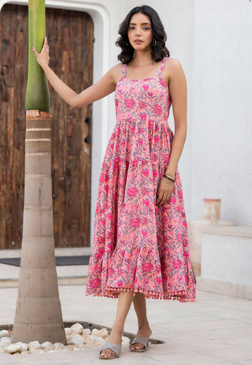 Buy Printed Cotton Aline Dress in Pink Online : TKV583 - Utsav Fashion