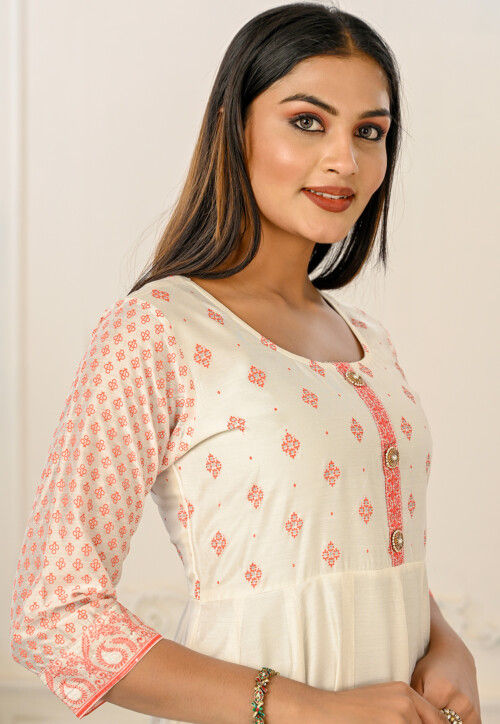 Buy Printed Cotton Aline Kurta in Cream Online : TSJ113 - Utsav Fashion