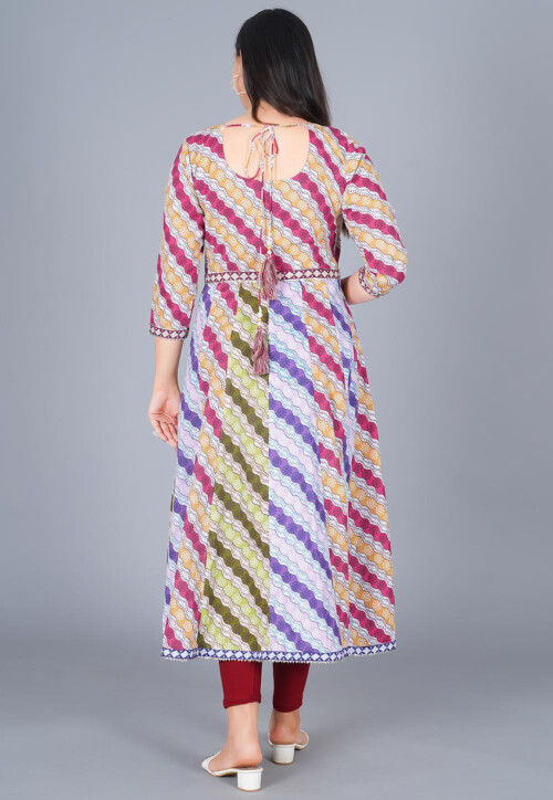 Printed Cotton Anarkali Kurta Set in Multicolour : TBQ648