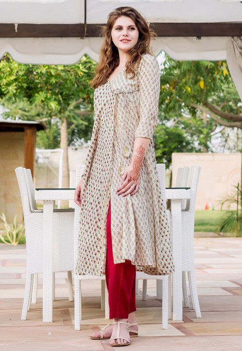 Buy Printed Cotton Angrakha Style Kurta Set In Light Beige Online