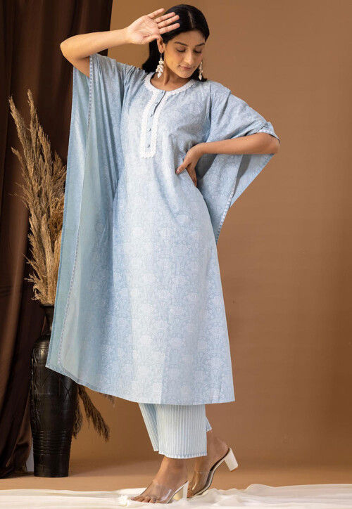 Buy Printed Cotton Cambric Kaftan Set in Sky Blue Online : THQ58 ...