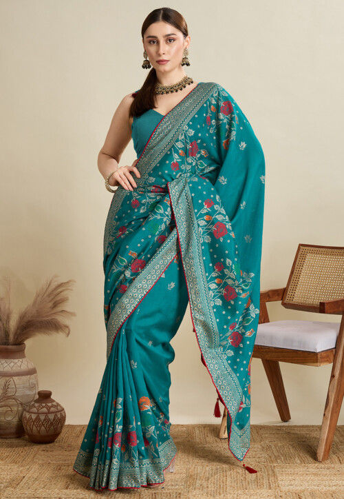 Buy Printed Cotton Saree in Teal Blue Online : SPF15054 - Utsav Fashion